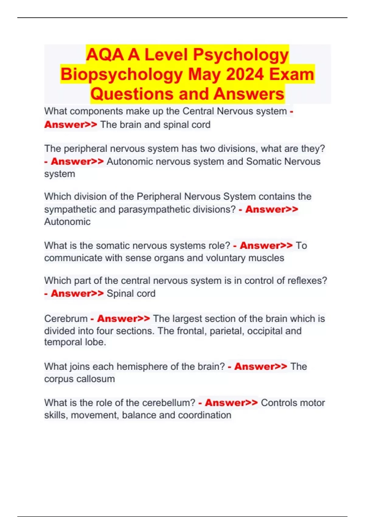 AQA A Level Psychology Biopsychology May 2024 Exam Questions and Answers - A-level psychology ...
