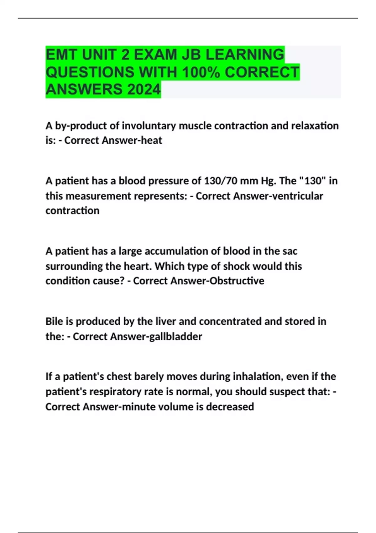 EMT UNIT 2 EXAM JB LEARNING QUESTIONS WITH 100% CORRECT ANSWERS 2024 - EMT - Stuvia US