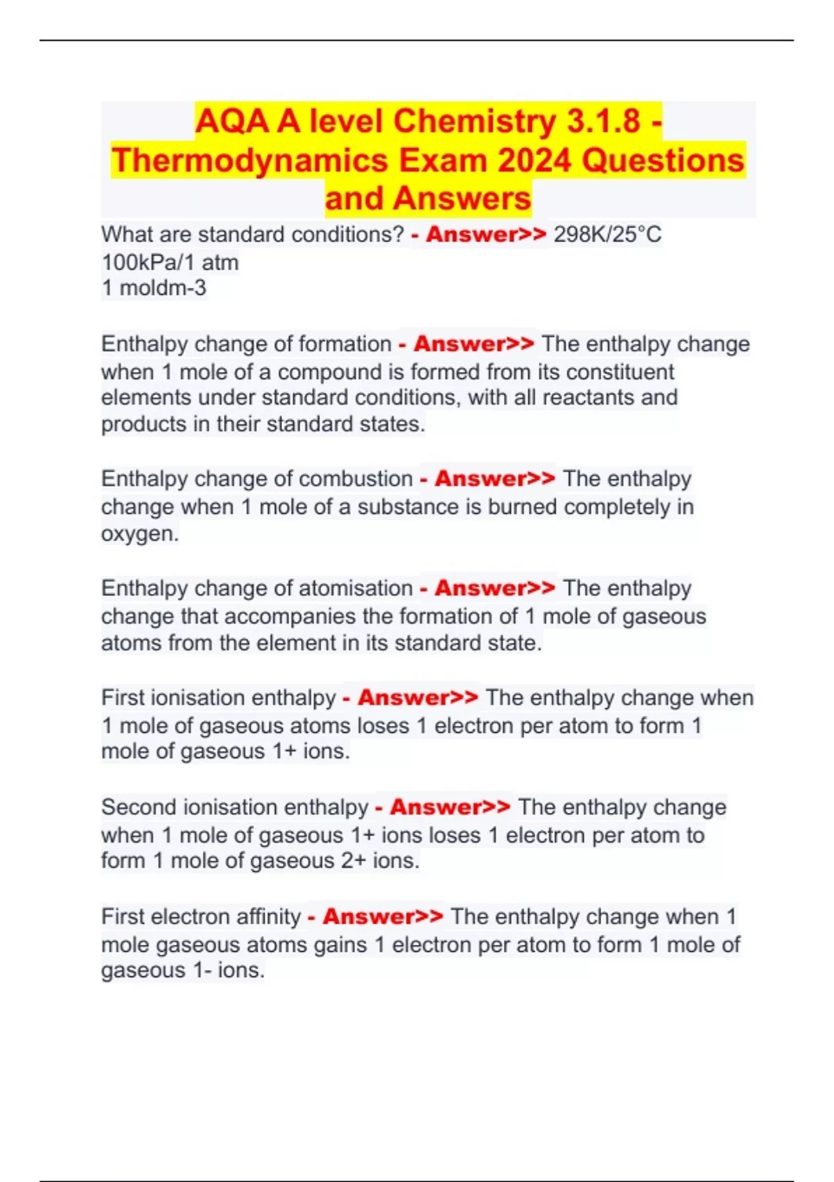 AQA A level Chemistry 3.1.8 - Thermodynamics Exam 2024 Questions and ...