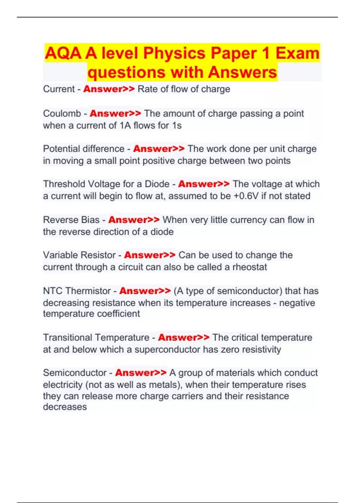 AQA A level Physics Paper 1 Exam questions with Answers - A-level ...