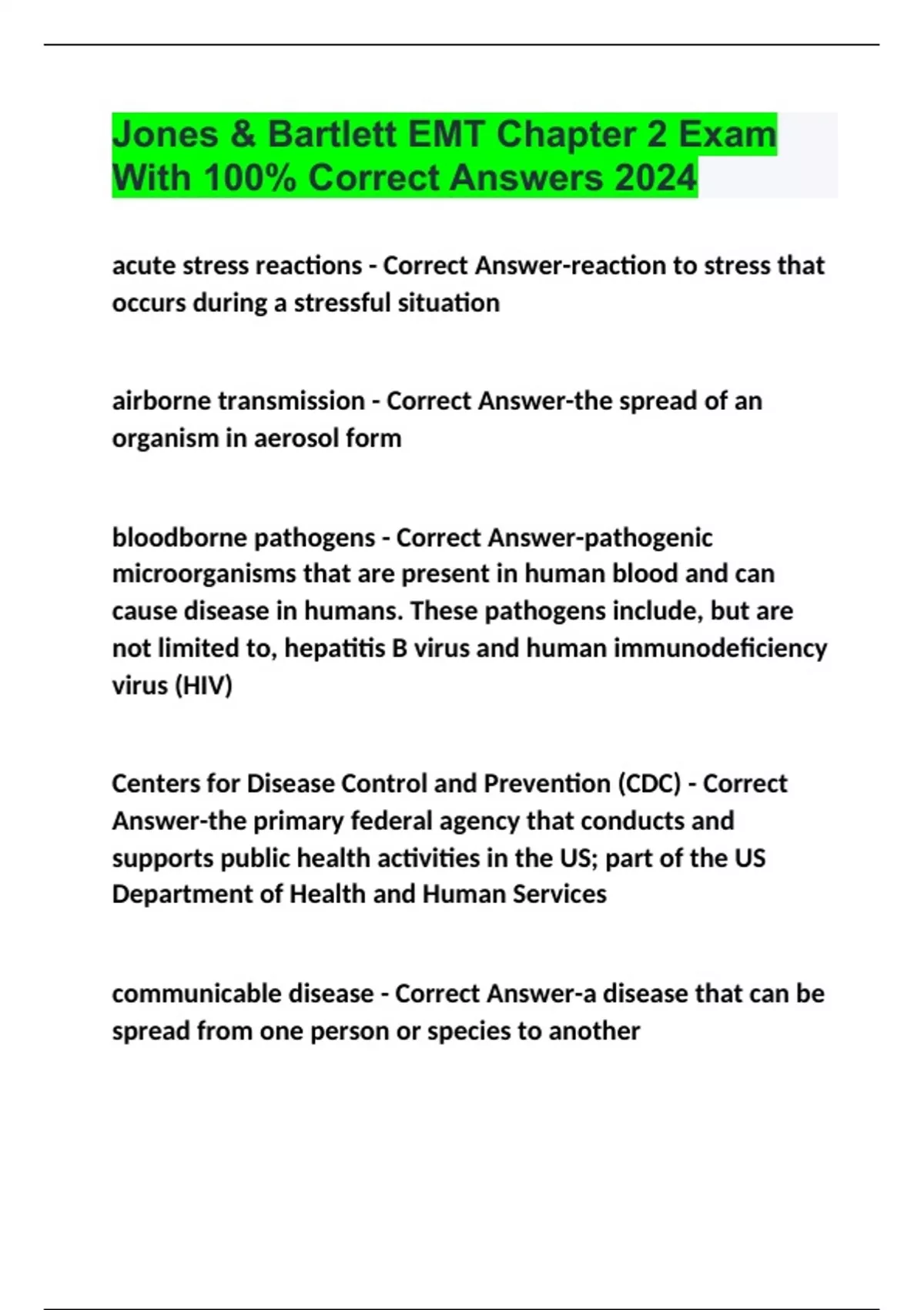 Jones & Bartlett EMT Chapter 2 Exam With 100% Correct Answers 2024 - Jones & Bartlett EMT ...