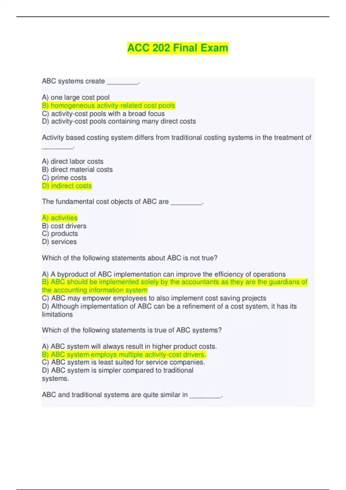 ACC 202 Final Exam - Questions and Answers - ACC 202 - Stuvia US