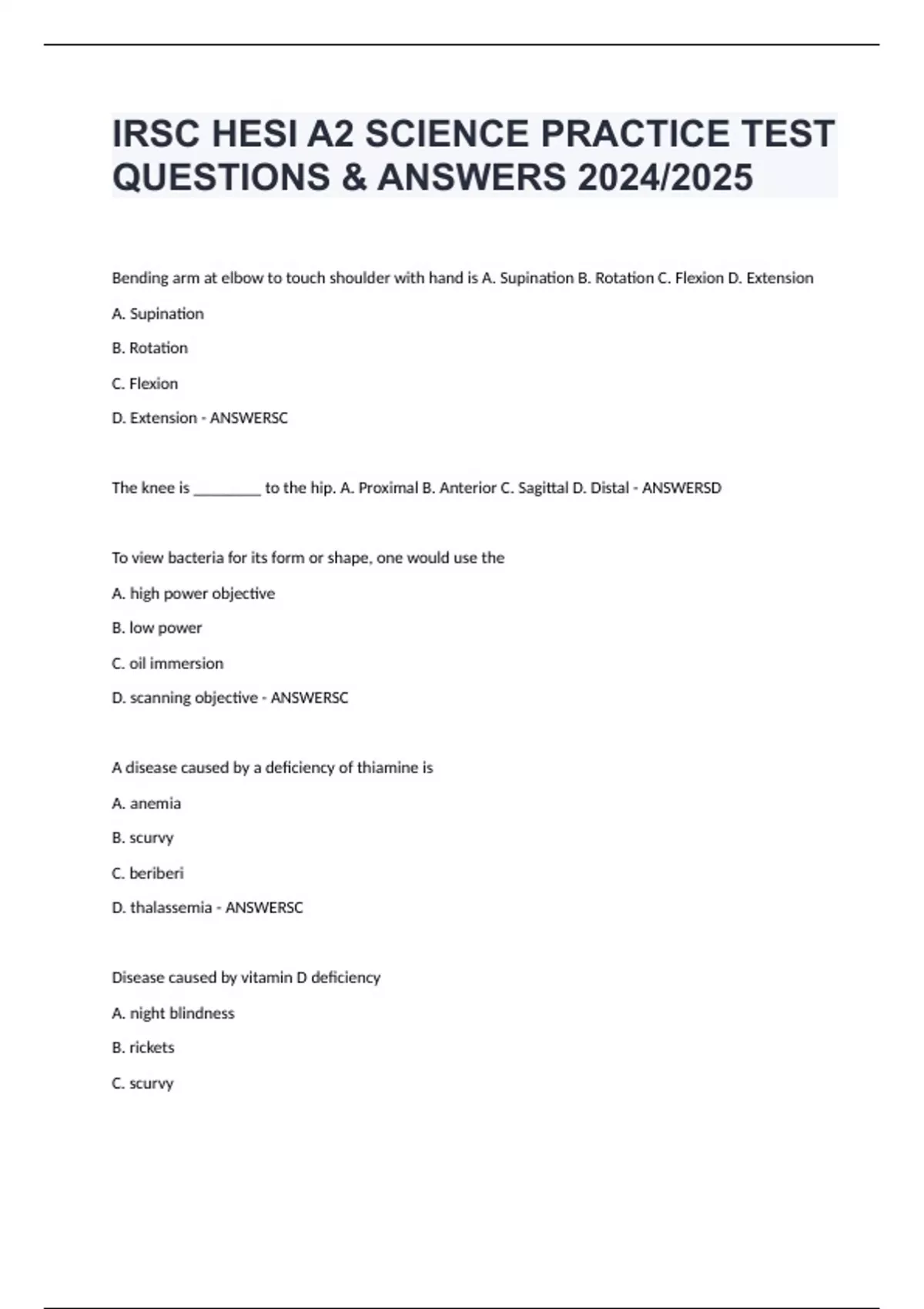 IRSC HESI A2 SCIENCE PRACTICE TEST QUESTIONS & ANSWERS 2024/2025 - IRSC ...