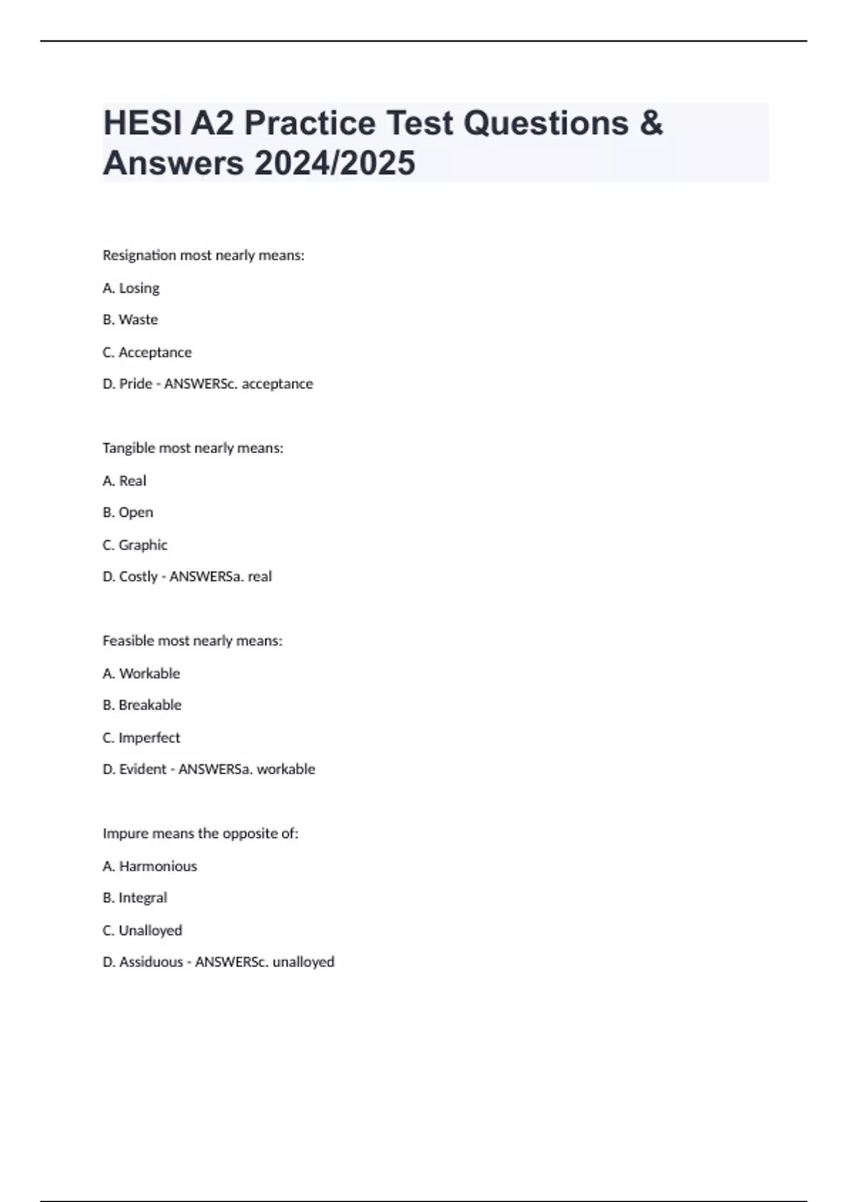 HESI A2 Practice Test Questions & Answers 2024/2025 - HESI A2 Practice ...