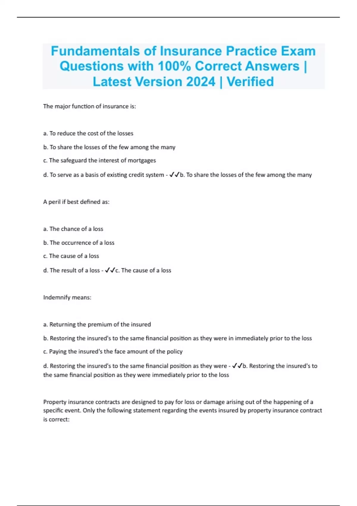 Fundamentals of Insurance Practice Exam Questions with 100% Correct ...