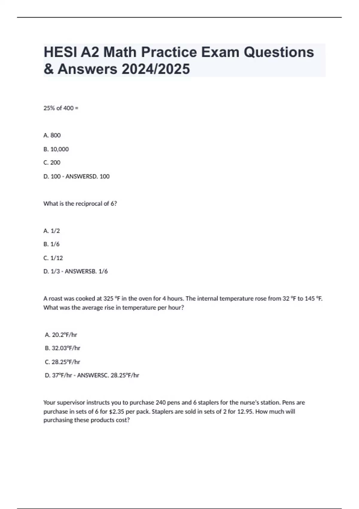 HESI A2 Math Practice Exam Questions & Answers 2024/2025 - HESI A2 Math ...