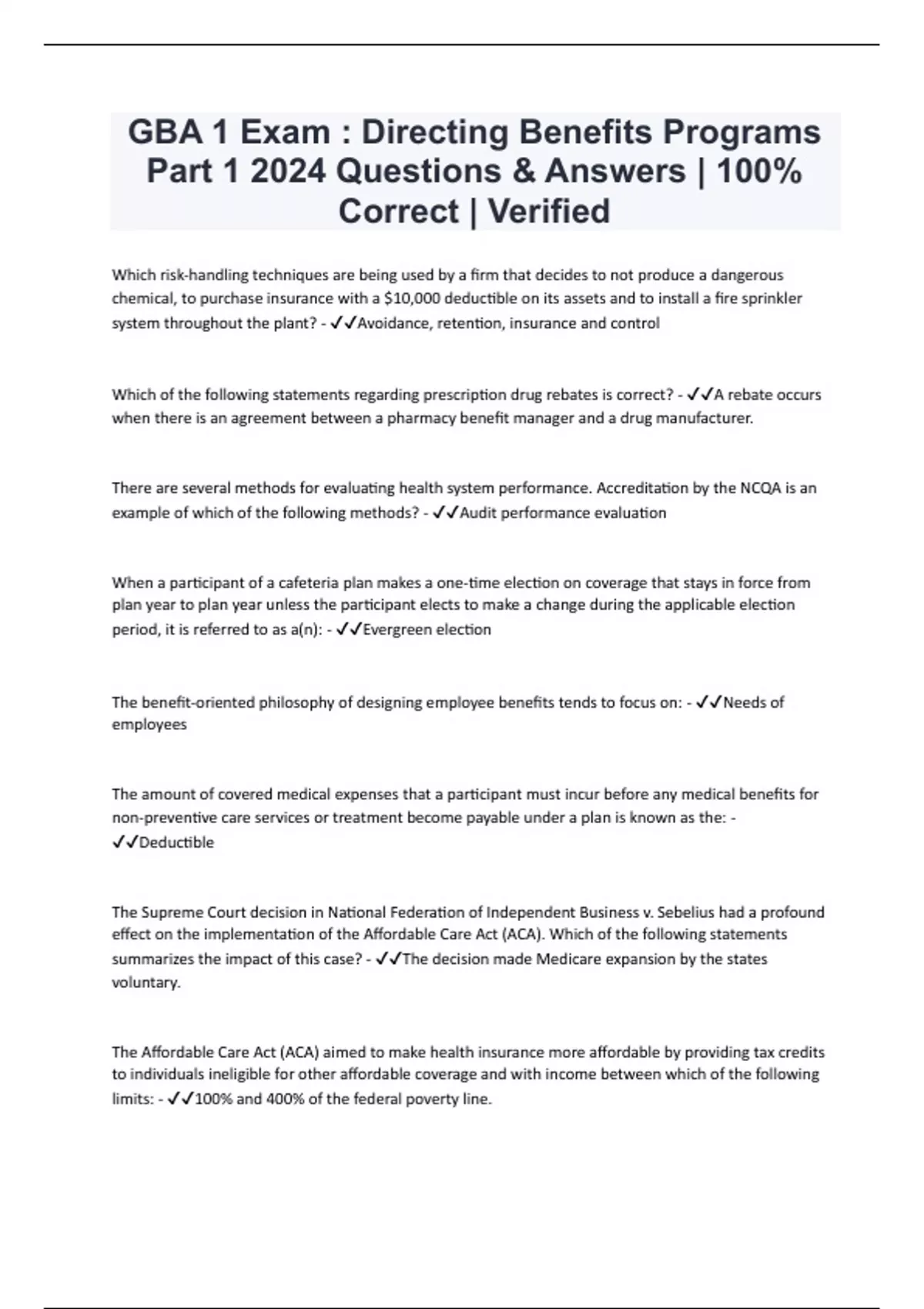 GBA 1 Exam : Directing Benefits Programs Part 1 2024 Questions ...