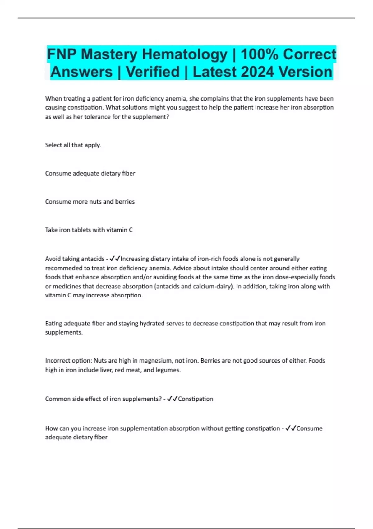 FNP Mastery Hematology | 100% Correct Answers | Verified | Latest 2024 ...