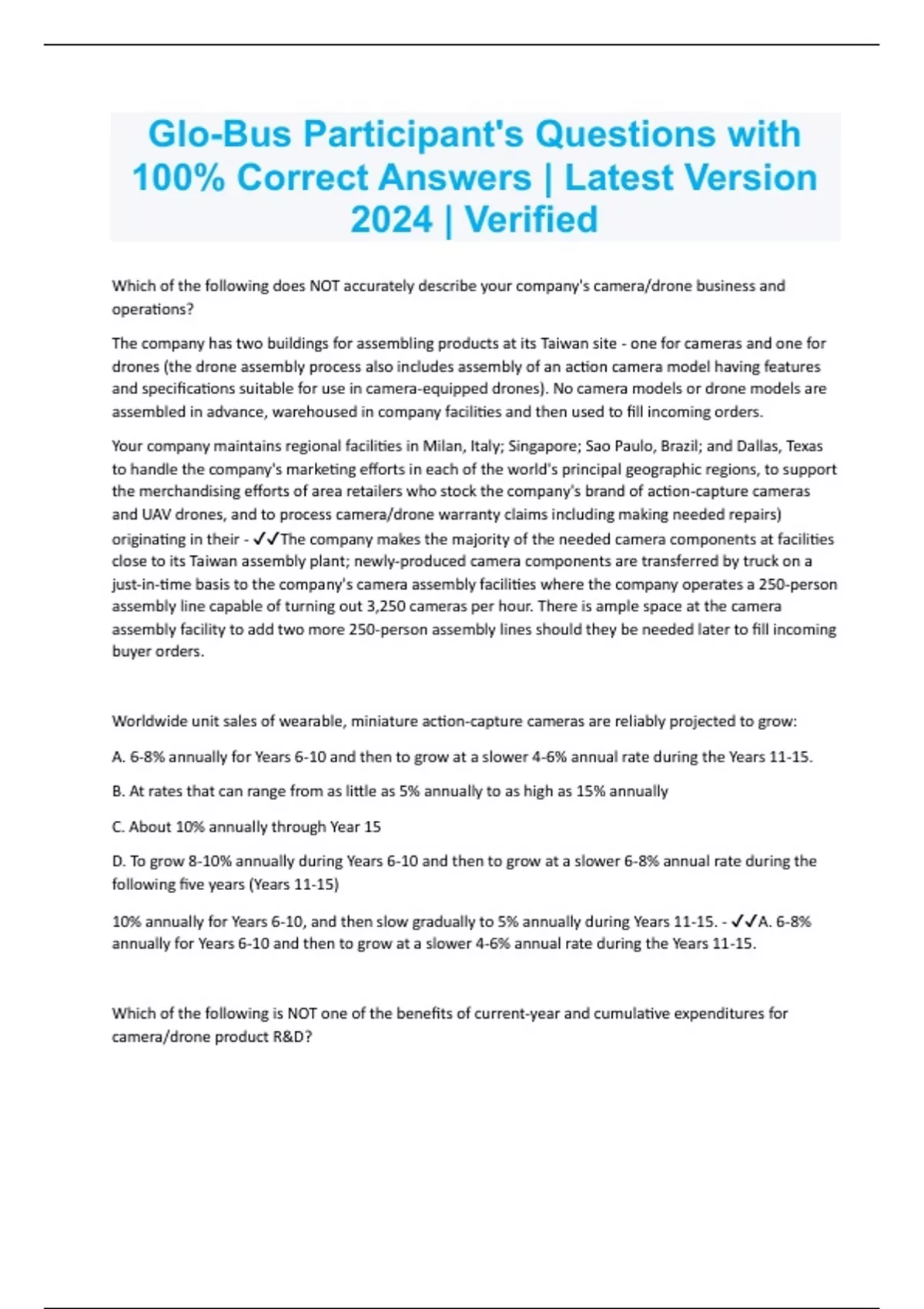 Glo-Bus Participant's Questions with 100% Correct Answers | Latest ...