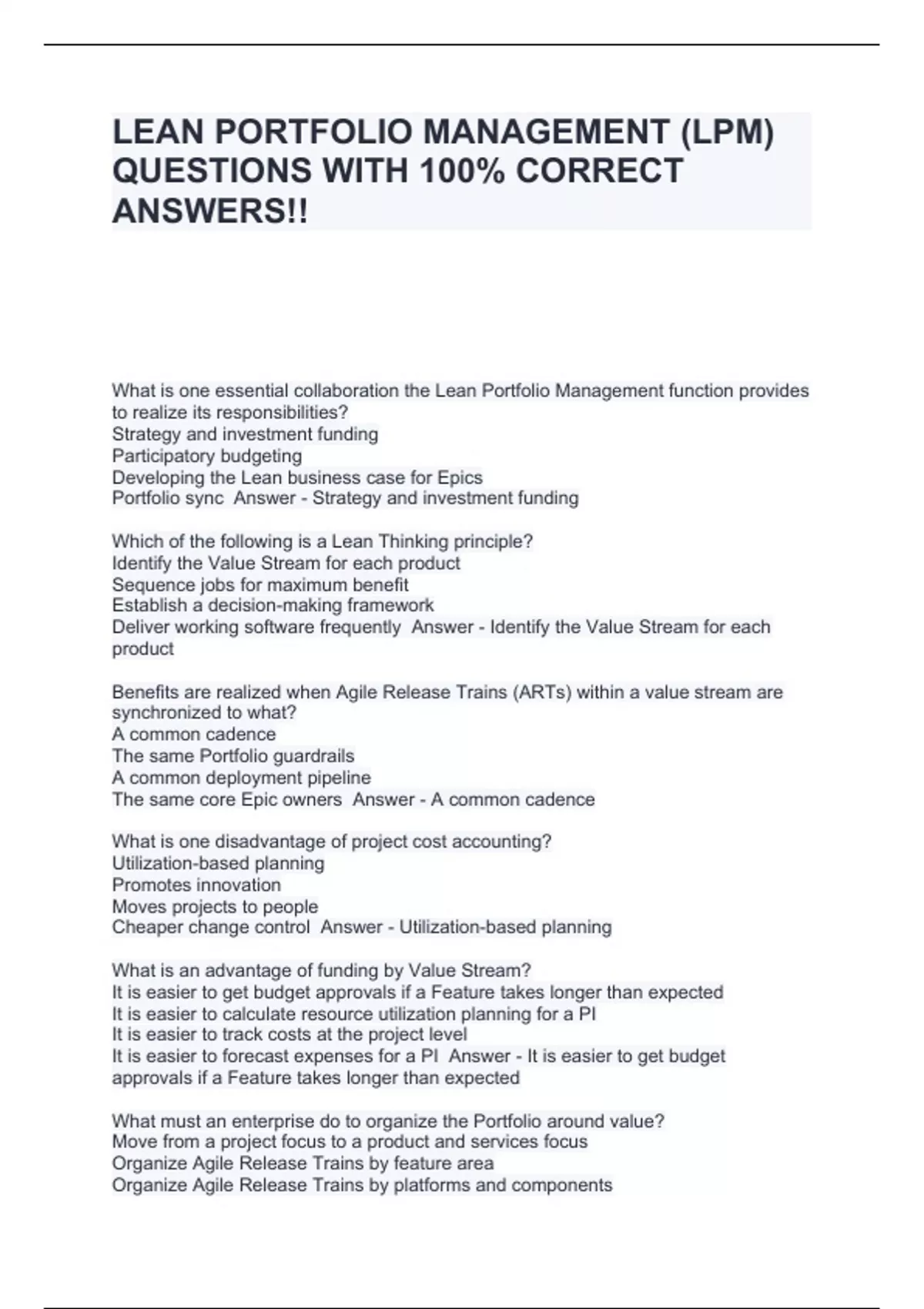 LEAN PORTFOLIO MANAGEMENT (LPM) QUESTIONS WITH 100% CORRECT ANSWERS!! - LPM - Stuvia US