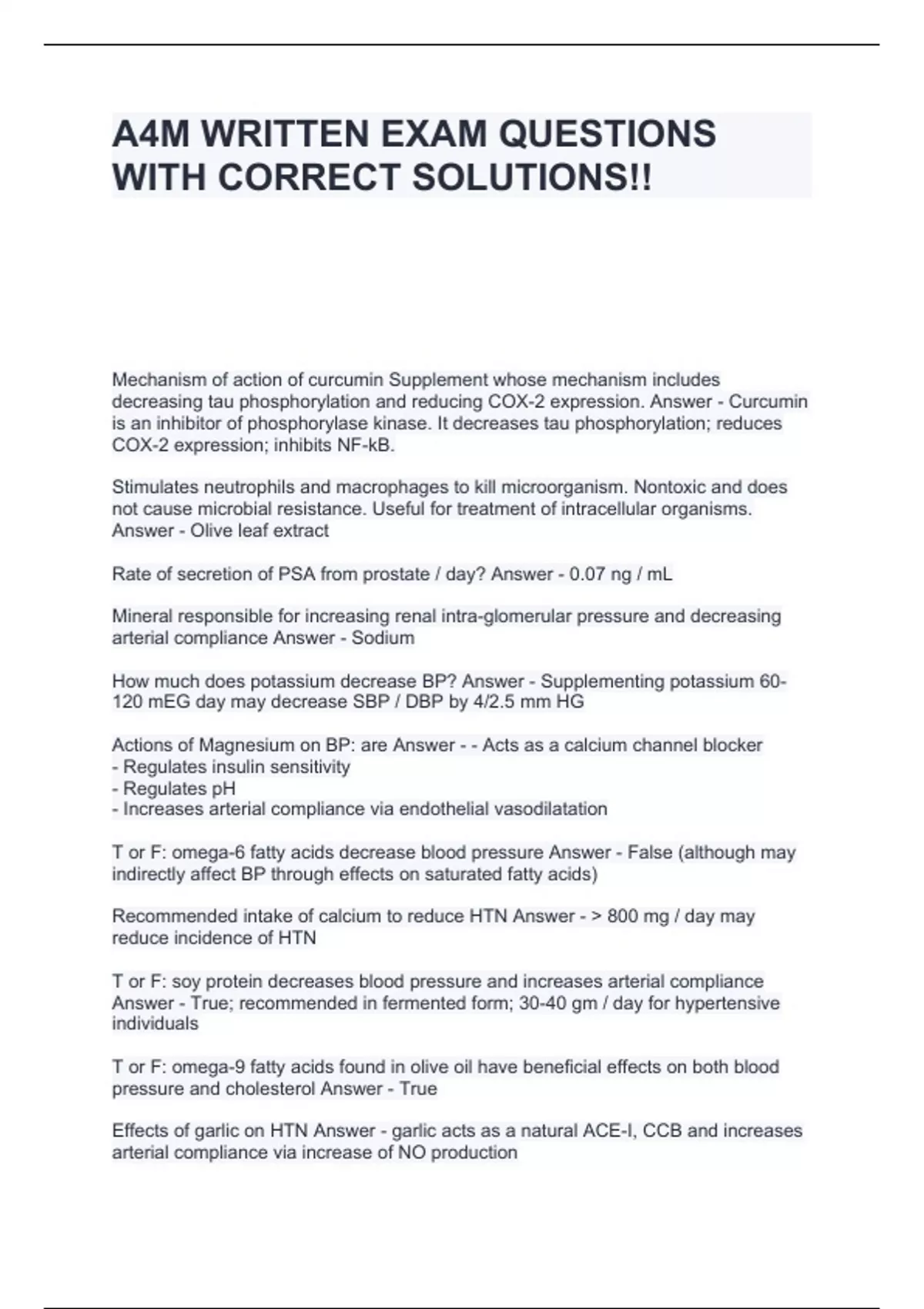 A4M WRITTEN EXAM QUESTIONS WITH CORRECT SOLUTIONS!! - A4M - Stuvia US