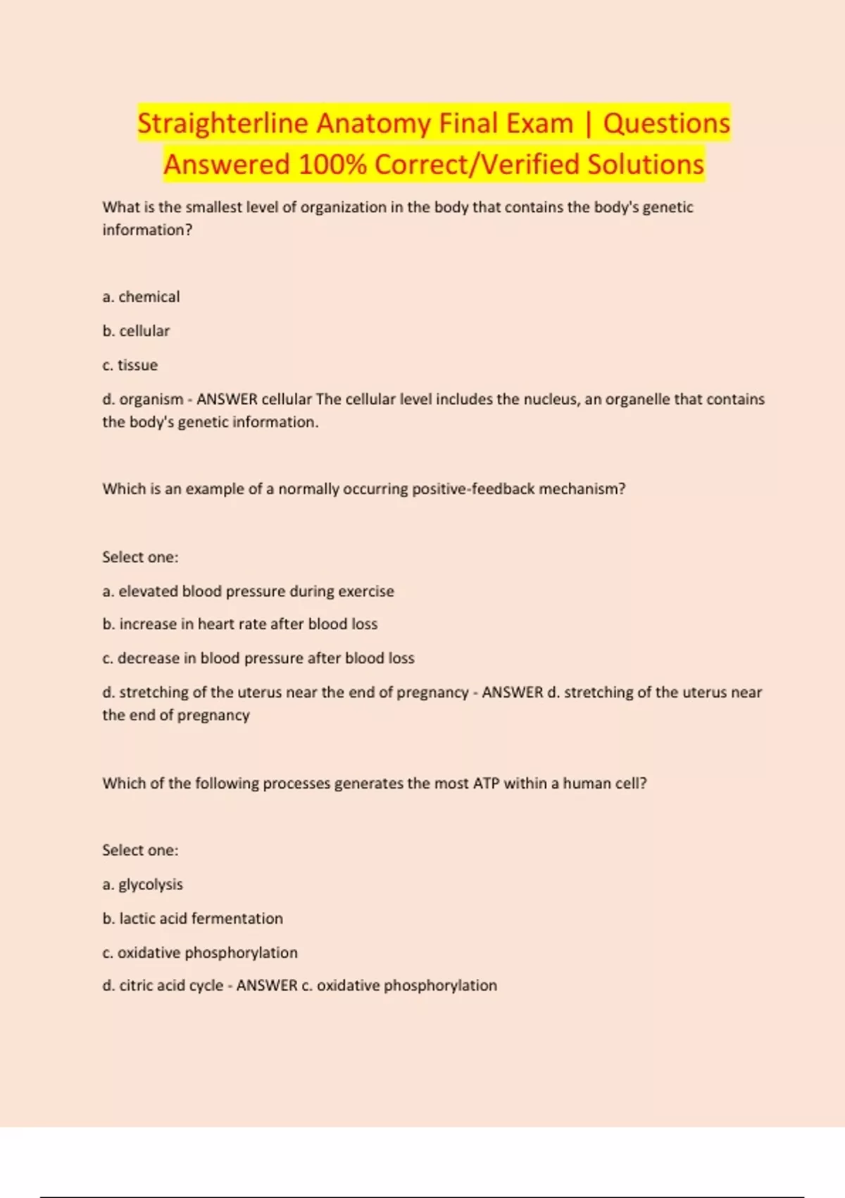 Straighterline Anatomy Final Exam | Questions Answered 100% Correct ...