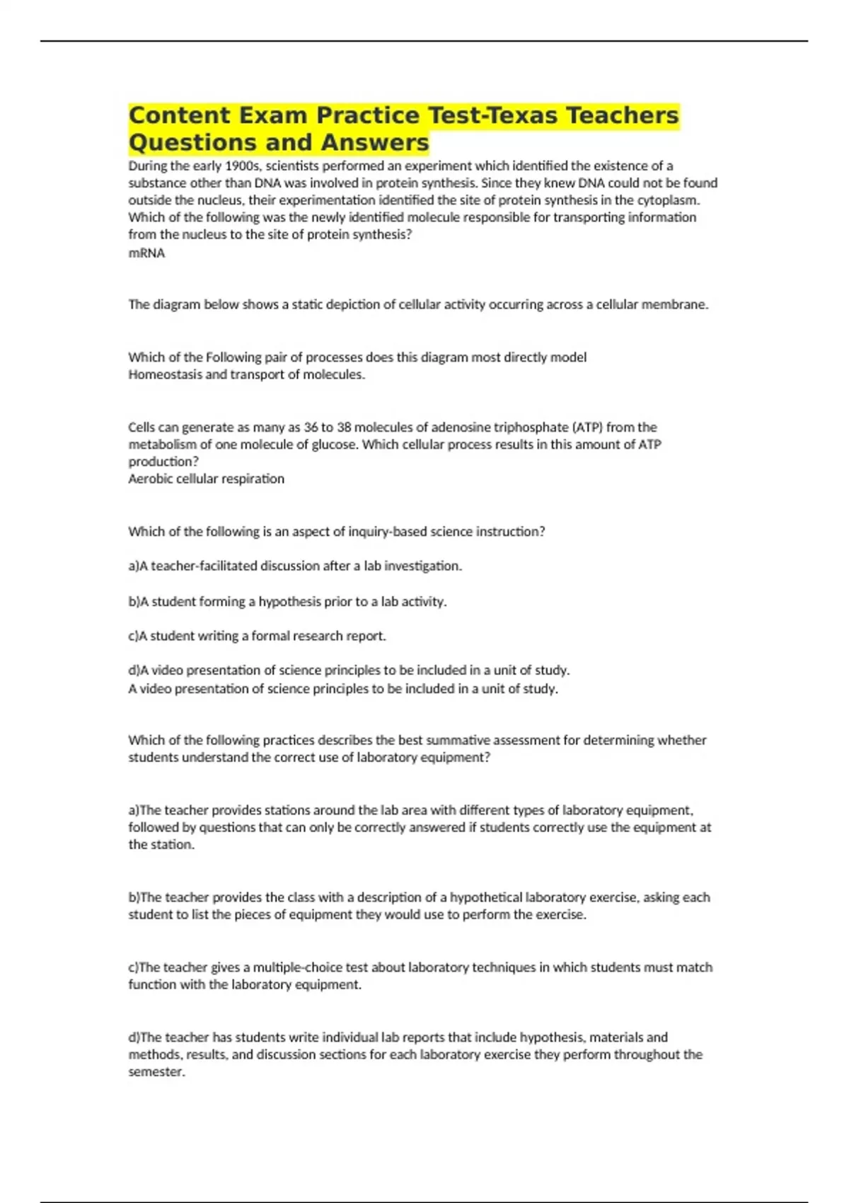 Content Exam Practice Test-Texas Teachers Questions and Answers - Texas ...