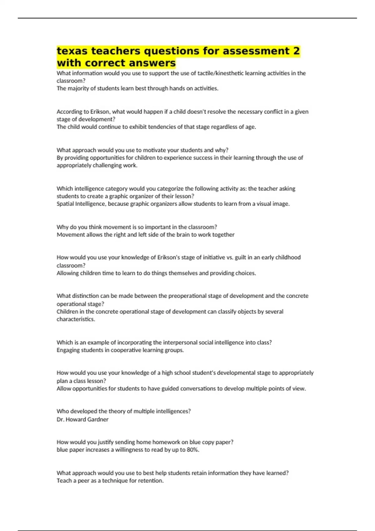 texas teachers questions for assessment 2 with correct answers - Texas ...