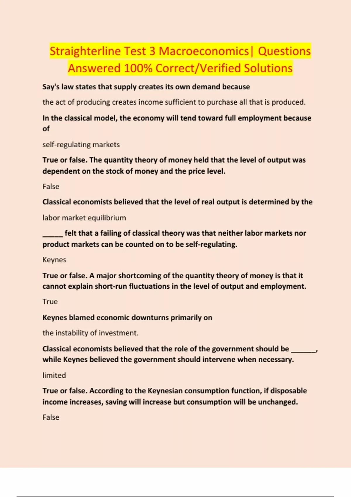 Straighterline Test 3 Macroeconomics| Questions Answered 100% Correct ...