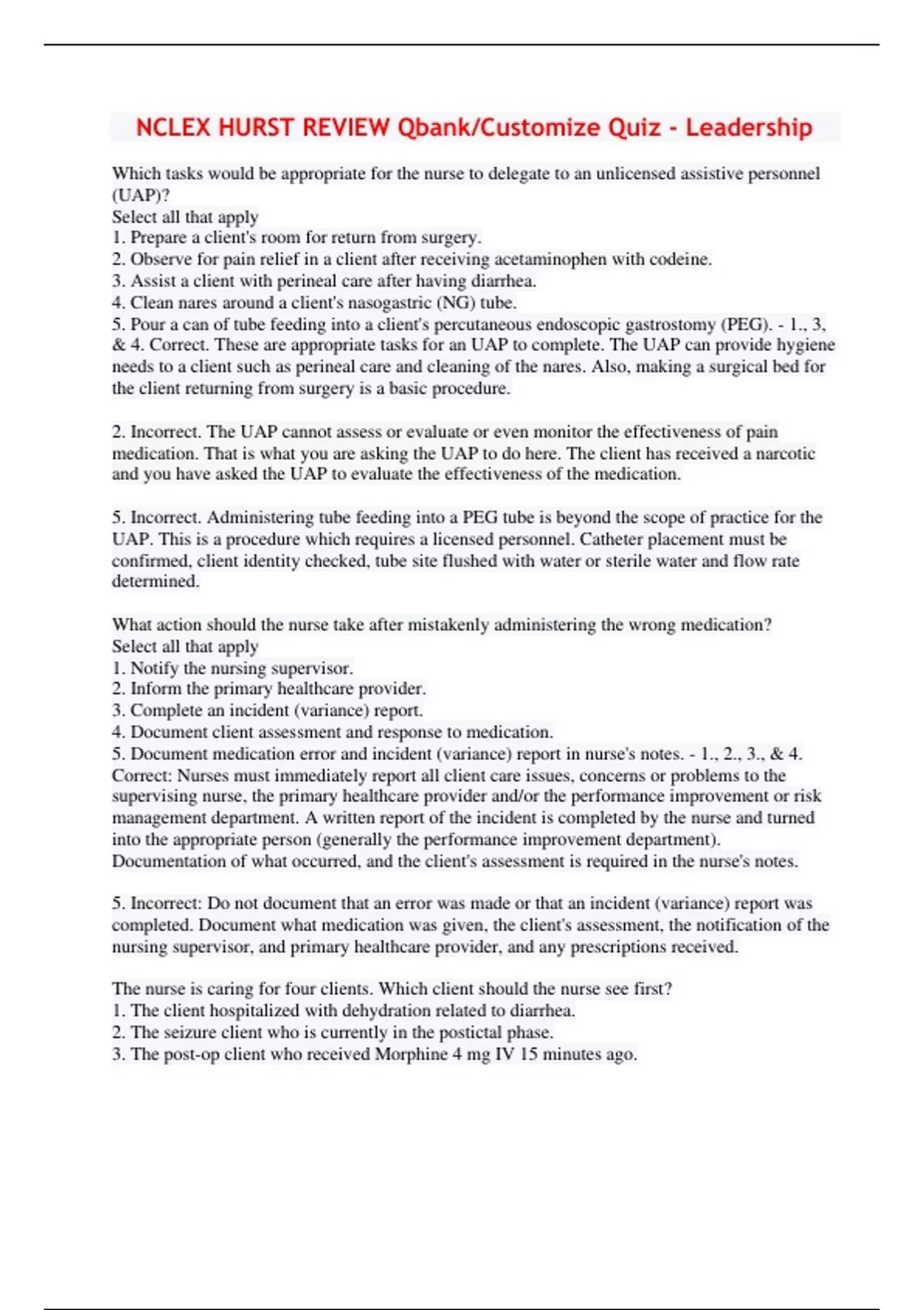 NCLEX HURST REVIEW Qbank/Customize Quiz - Leadership 2024 - HURST NCLEX ...