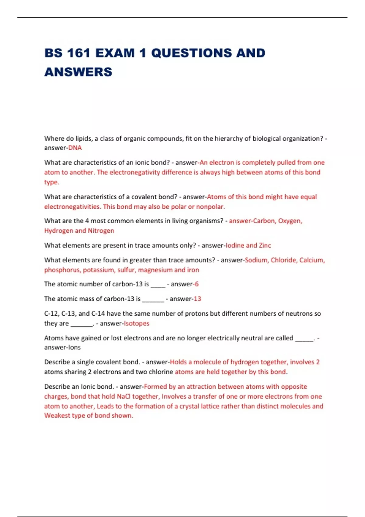 BS 161 EXAM 1 QUESTIONS AND ANSWERS - BS 161 - Stuvia US