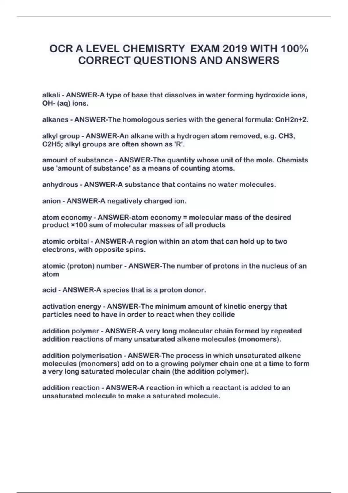 OCR A LEVEL CHEMISRTY EXAM 2019 WITH 100% CORRECT QUESTIONS AND ANSWERS ...