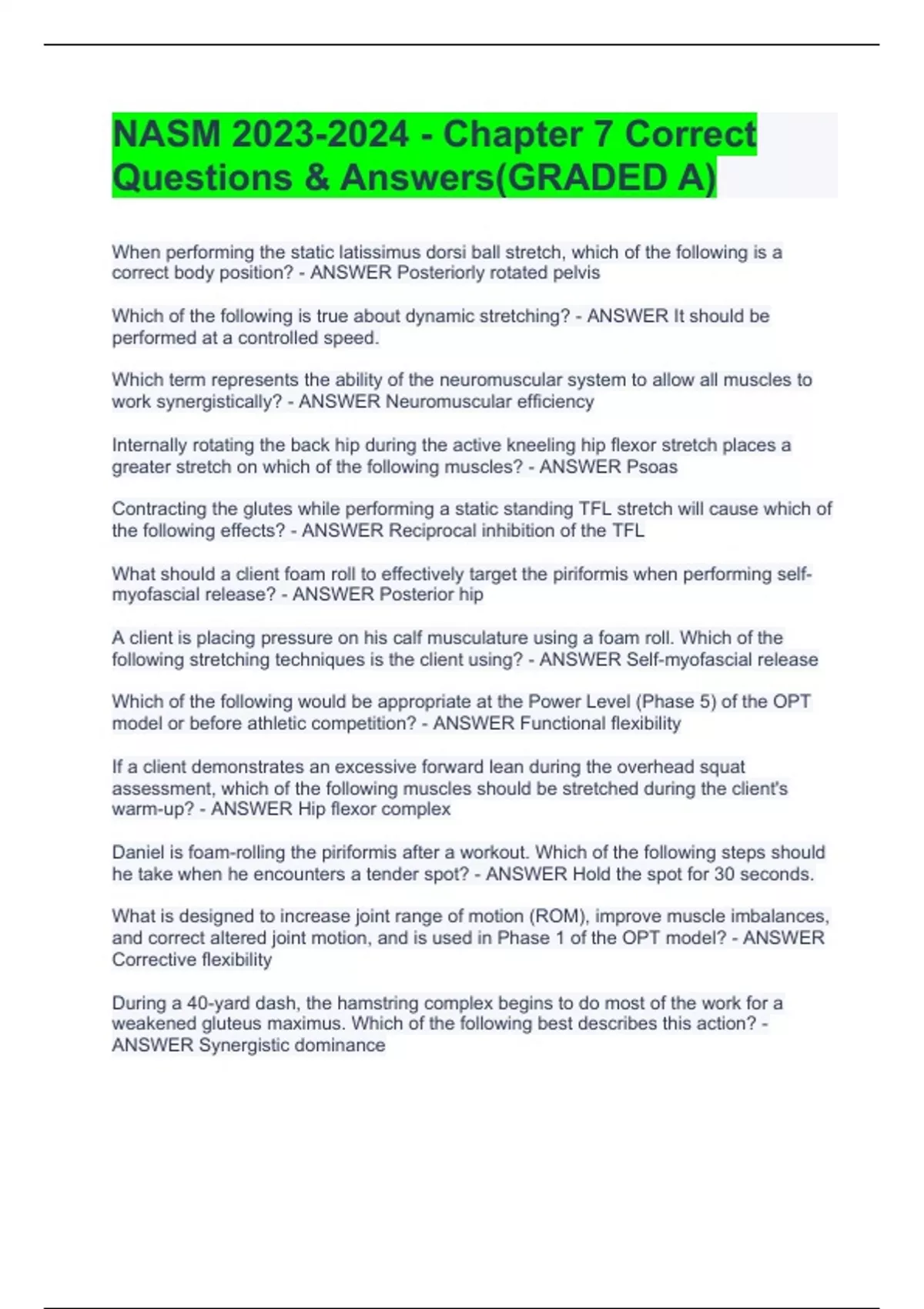 NASM - Chapter 7 Correct Questions & Answers(GRADED A) - NASM - Stuvia US