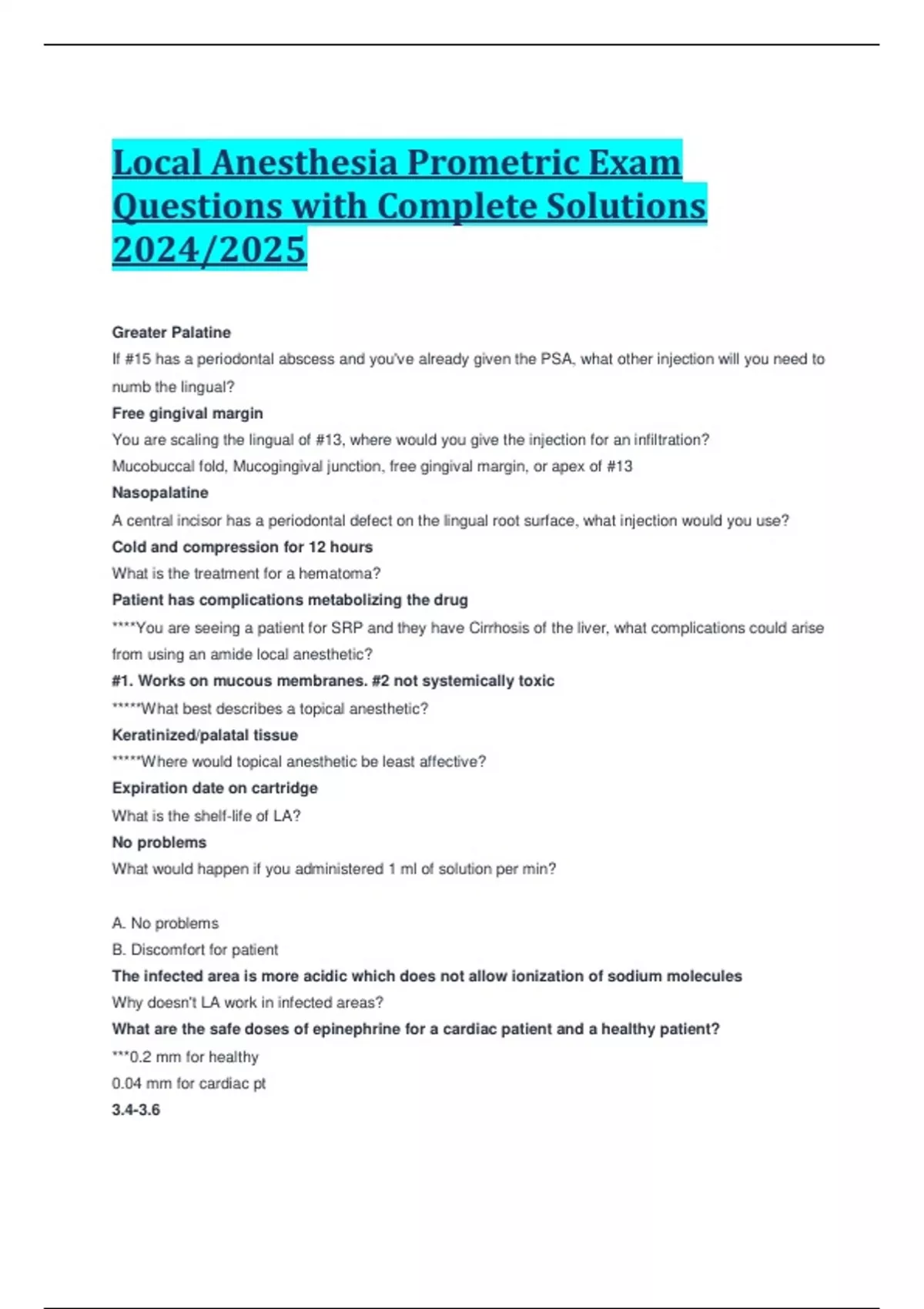 Local Anesthesia Prometric Exam Questions with Complete Solutions 2024/ ...