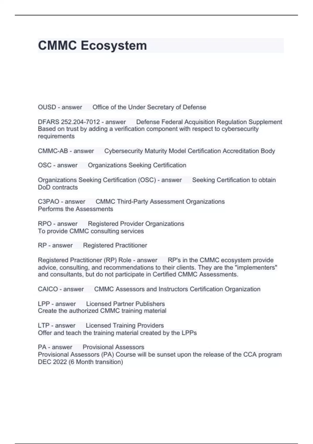 CMMC Ecosystem Questions and Answers 100% correct - CMMC - Stuvia US