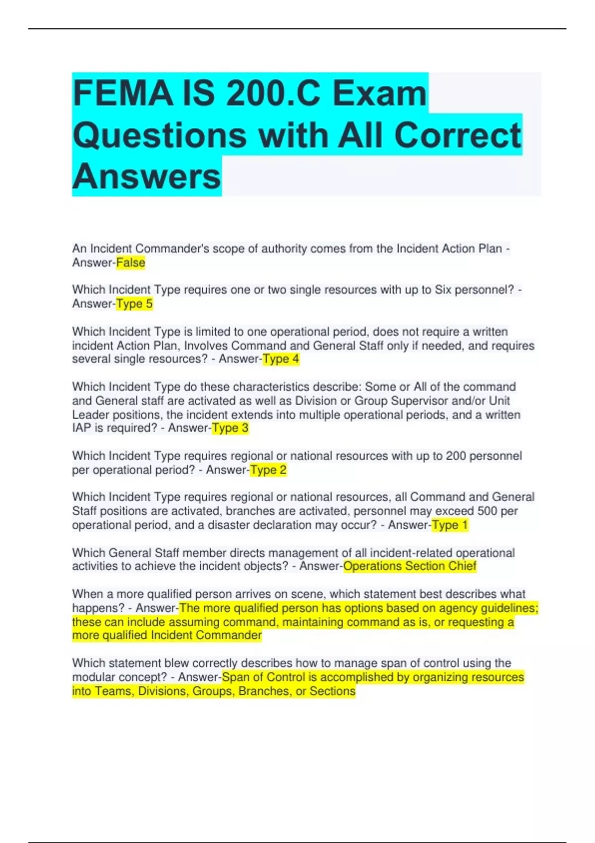 FEMA IS 200.C Exam Questions with All Correct Answers - FEMA IS 200.C ...