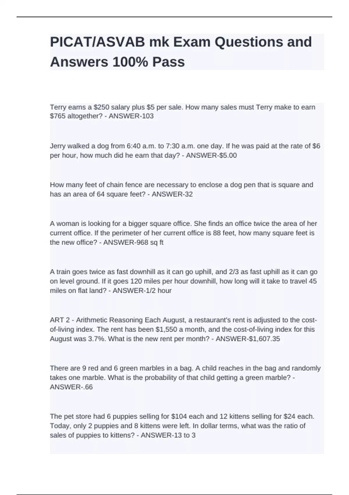 PICAT/ASVAB mk Exam Questions and Answers 100% Pass - PICAT/ASVAB mk ...