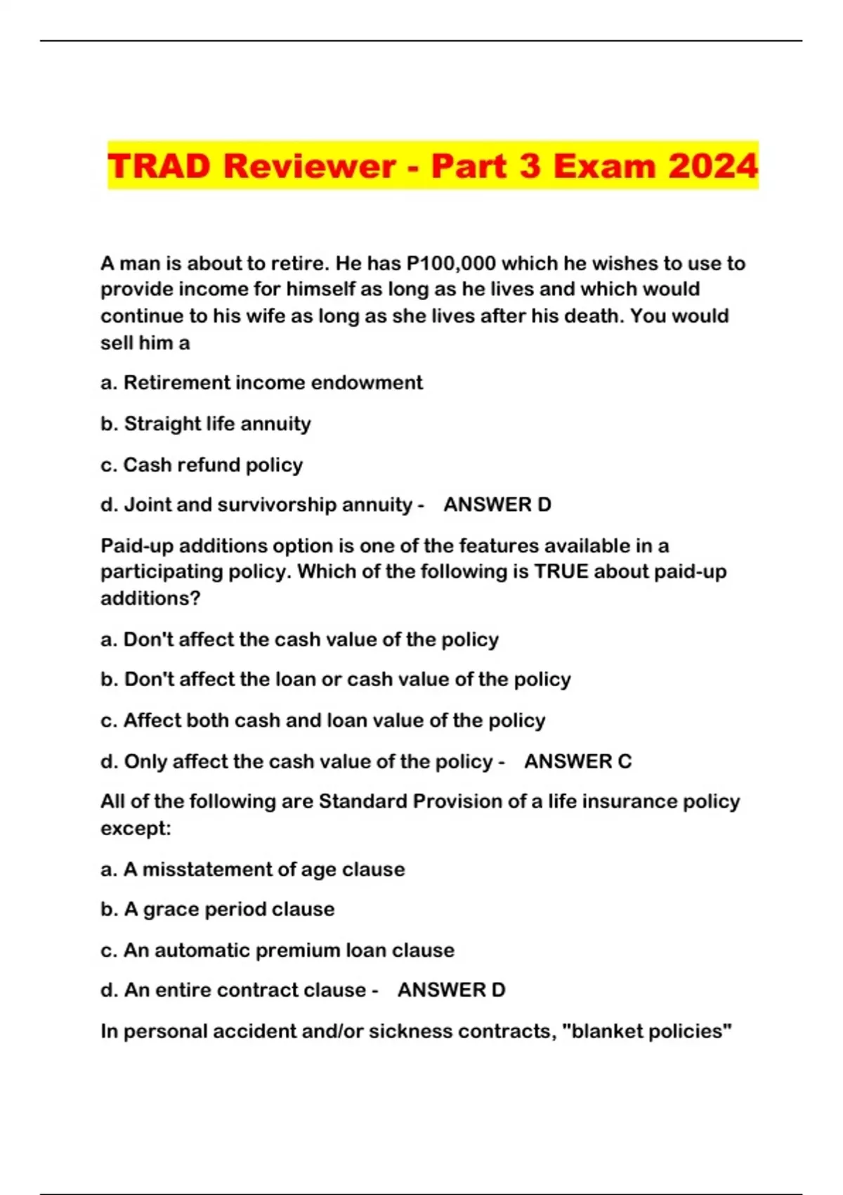 TRAD Reviewer - Part 3 Exam 2024 - TRAD - Stuvia US