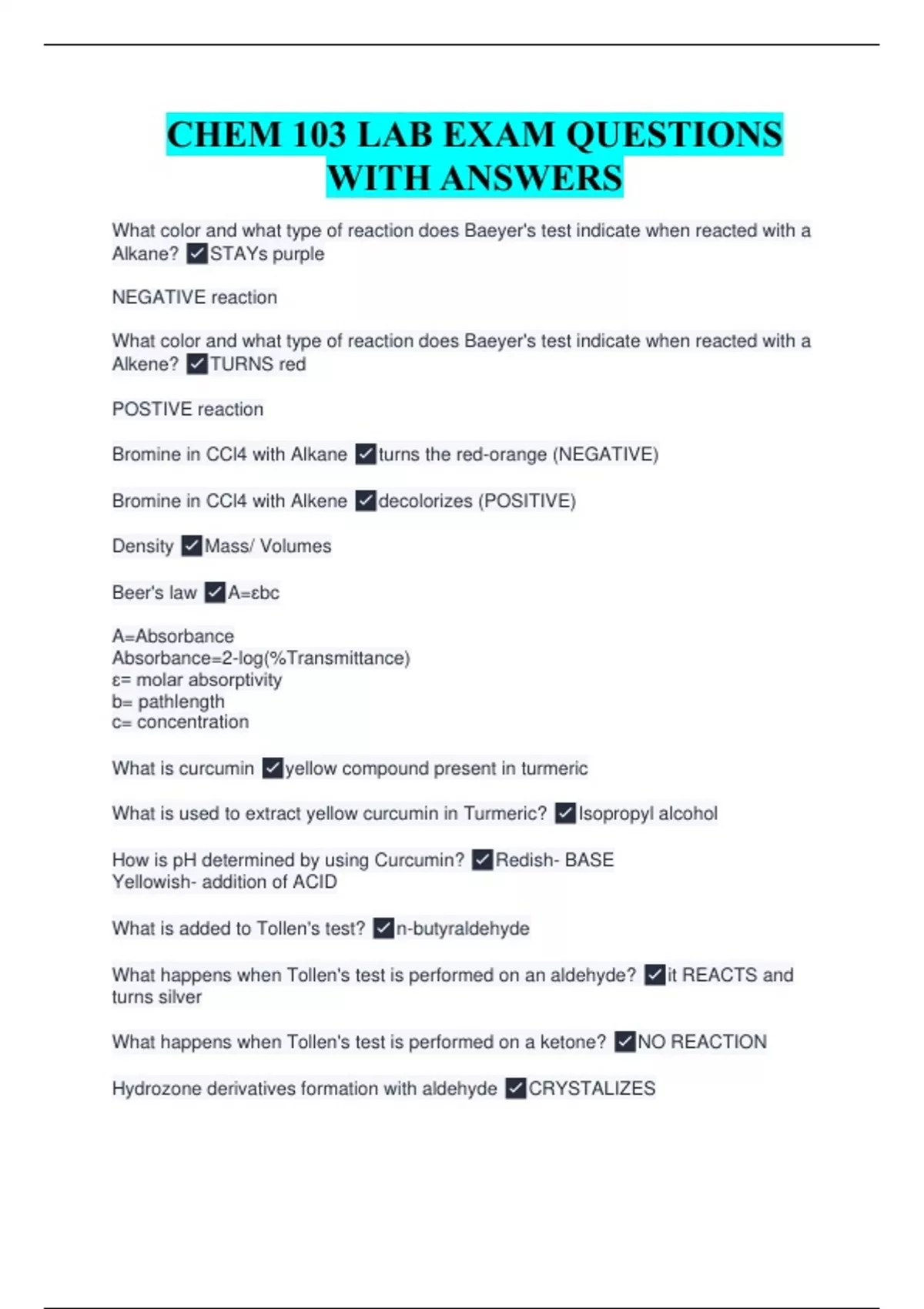CHEM 103 LAB EXAM QUESTIONS WITH ANSWERS - Chem 103 - Stuvia US