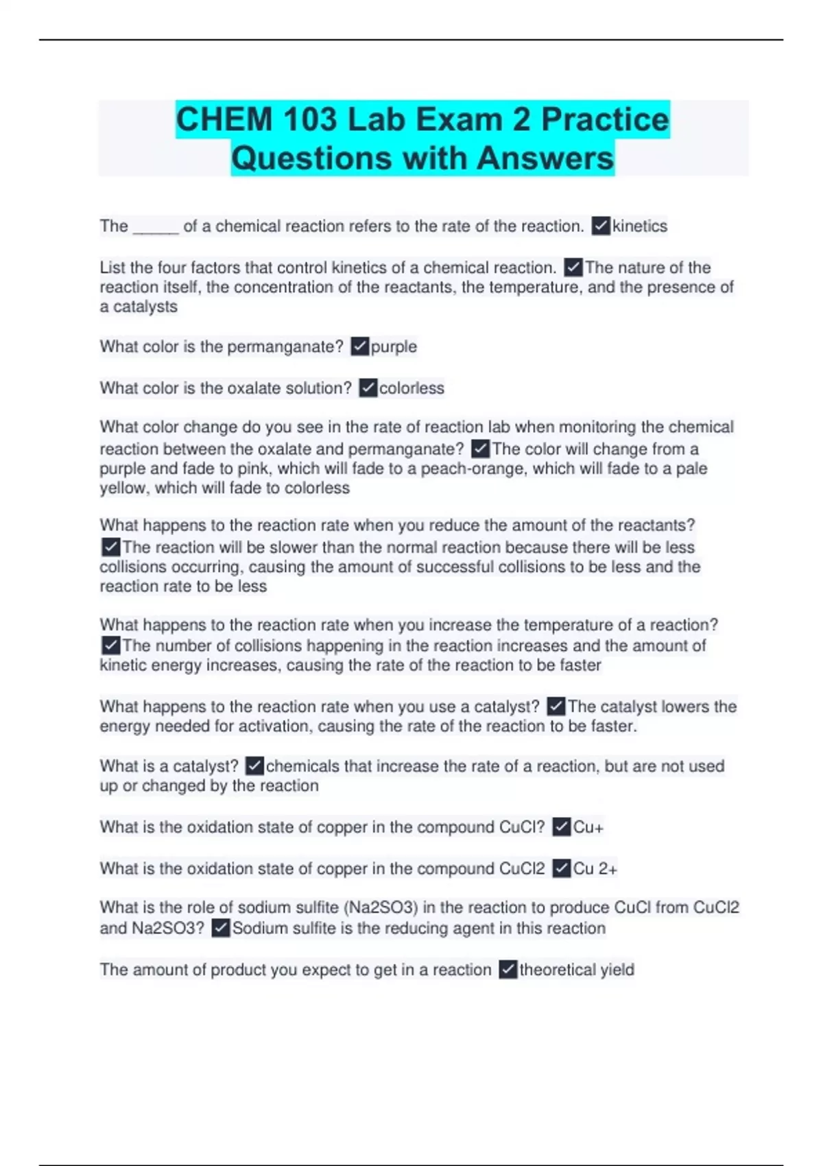 CHEM 103 Lab Exam 2 Practice Questions with Answers - Chem 103 - Stuvia US