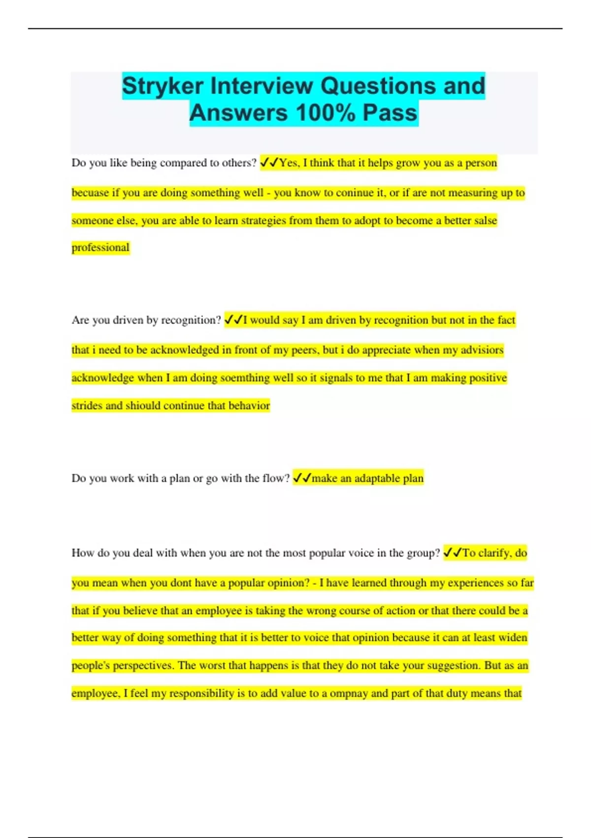 Stryker Interview Questions and Answers 100% Pass - Stryker Interview - Stuvia UK