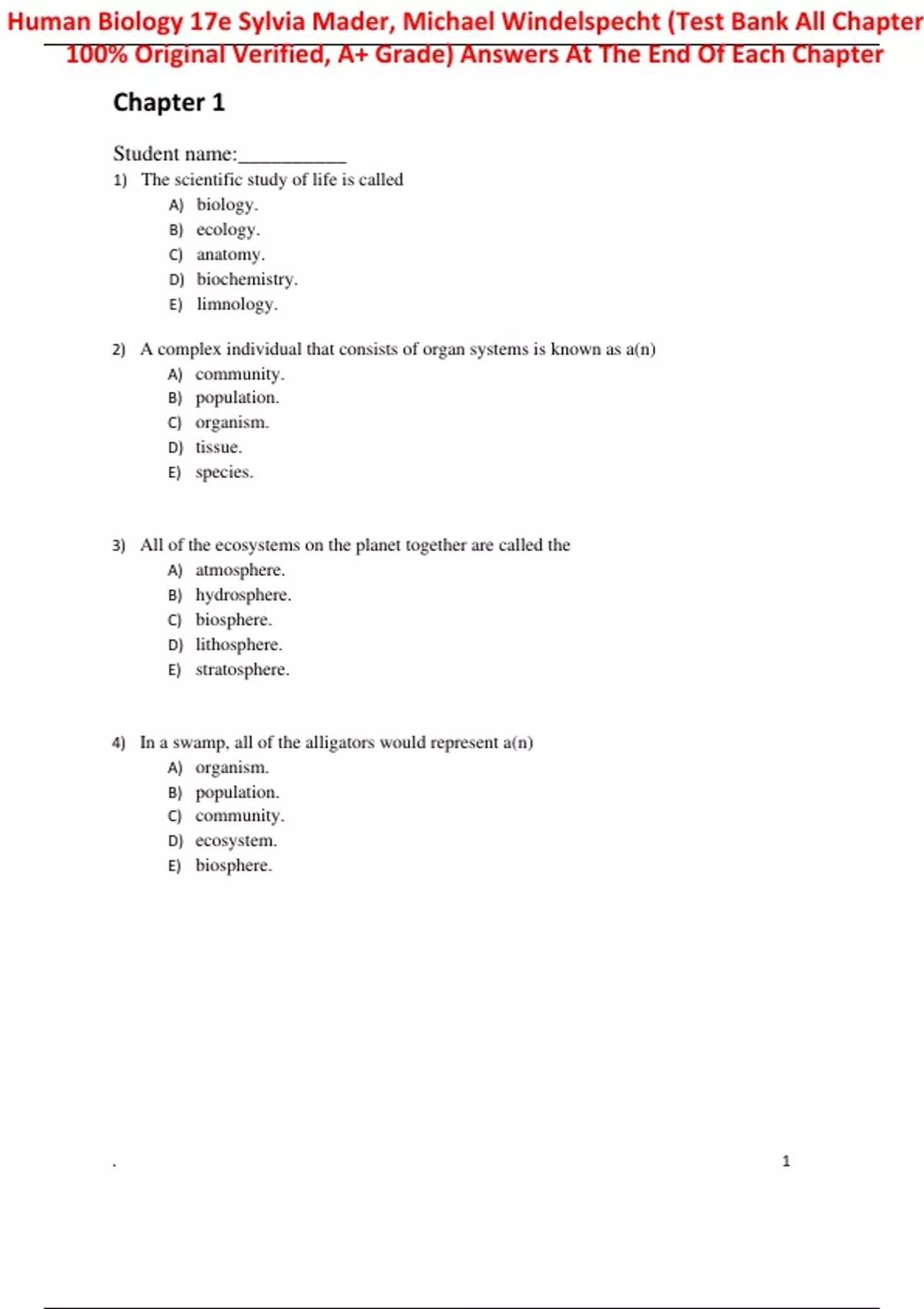 Test Bank For Human Biology 17th Edition By Sylvia Mader, Michael ...