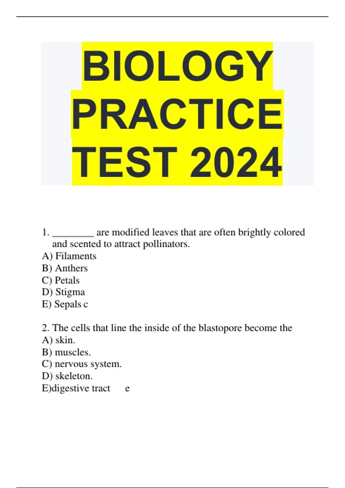 BIOLOGY PRACTICE TEST 2024 - Biology and systems - Stuvia US
