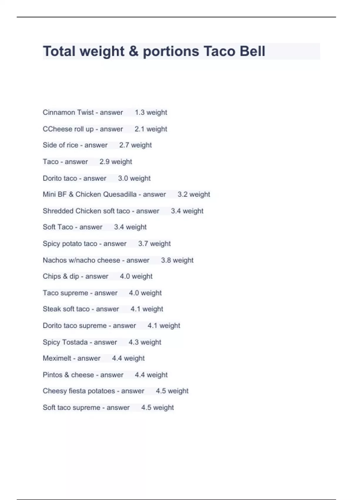 Total weight & portions Taco Bell, Questions with correct Answers 2024 ...