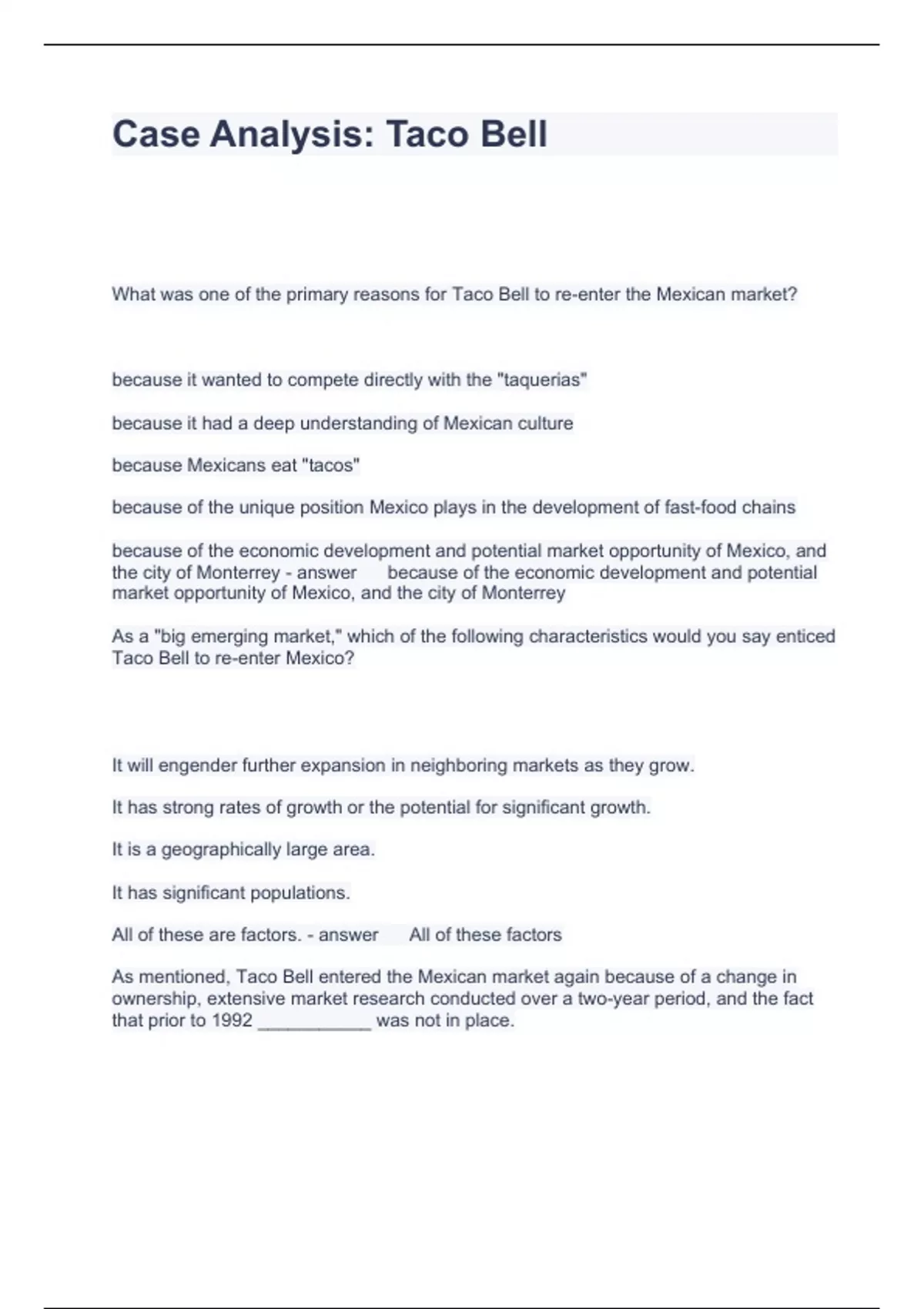 Case Analysis. Taco Bell Questions with correct Answers 2024 - Taco Bell - Stuvia US