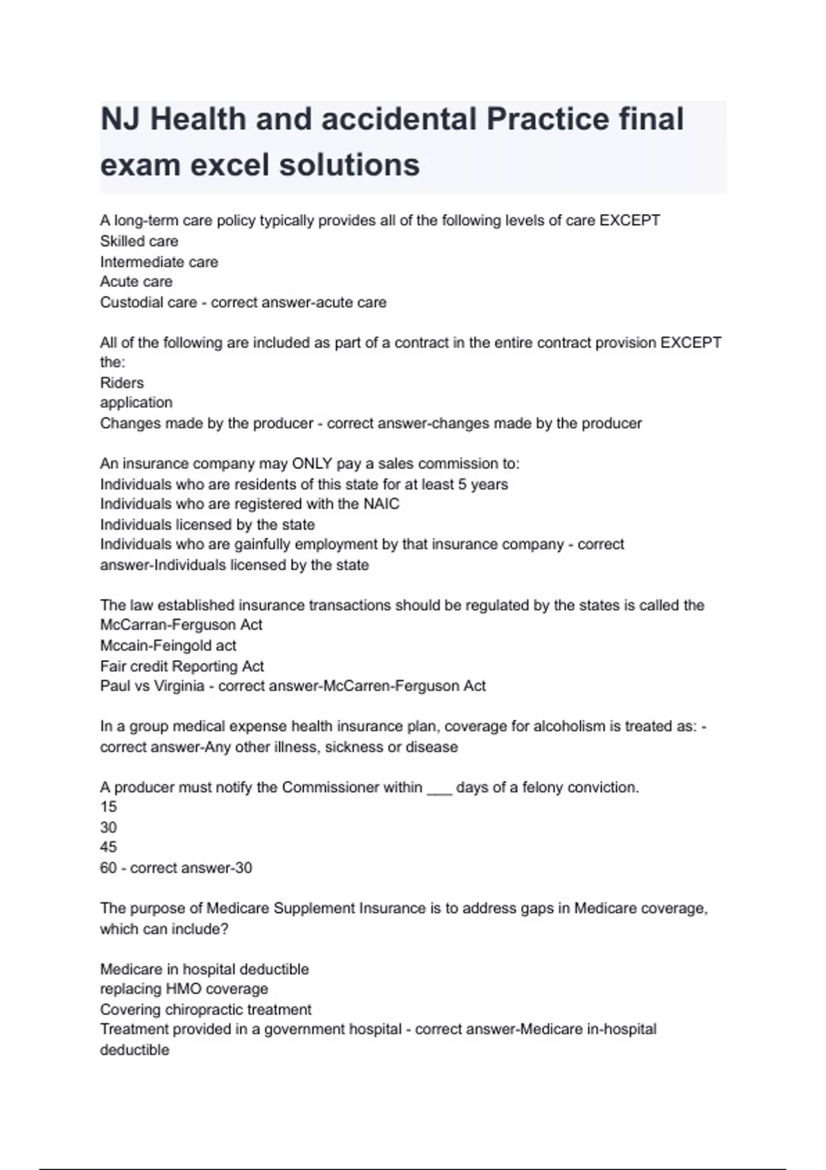 NJ Health and accidental Practice final exam excel solutions. questions ...