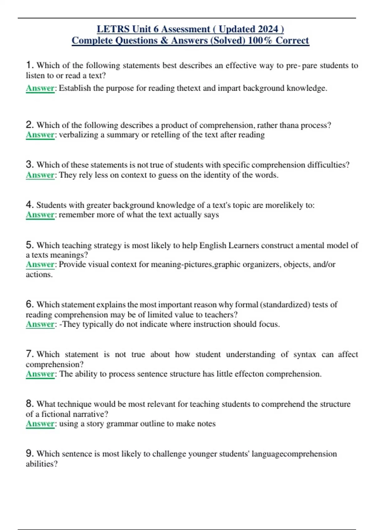 LETRS Unit 6 Assessment Session 1 - 6 ( Updated 2024 ) Complete Questions & Answers (Solved) 100 ...