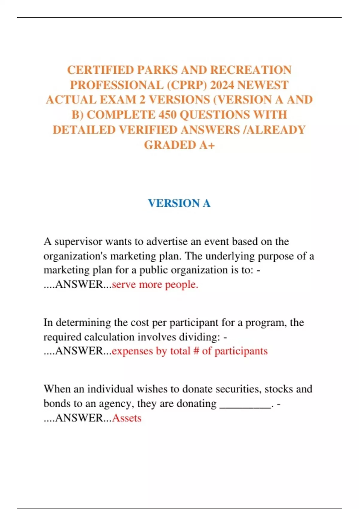 CERTIFIED PARKS AND RECREATION PROFESSIONAL (CPRP) 2024 NEWEST ACTUAL ...