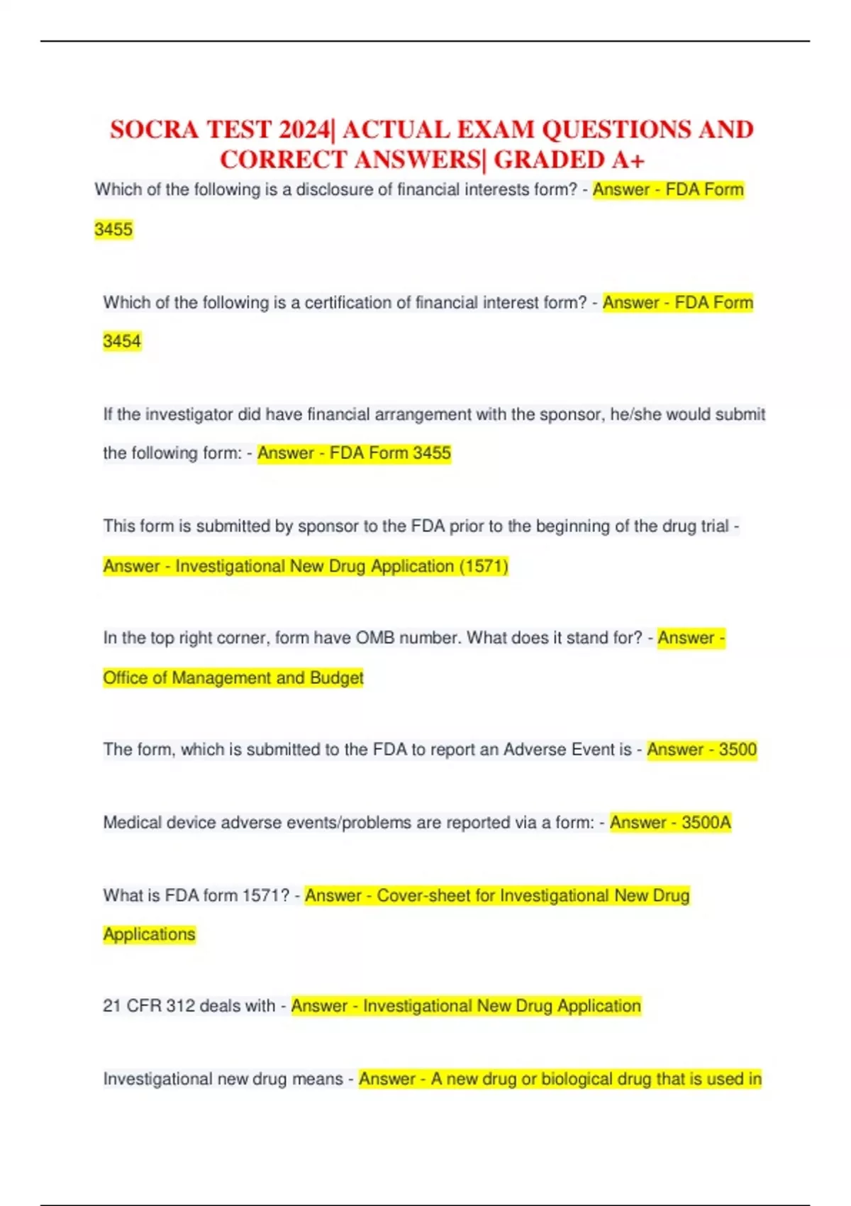 SOCRA TEST 2024| ACTUAL EXAM QUESTIONS AND CORRECT ANSWERS| GRADED A+ ...