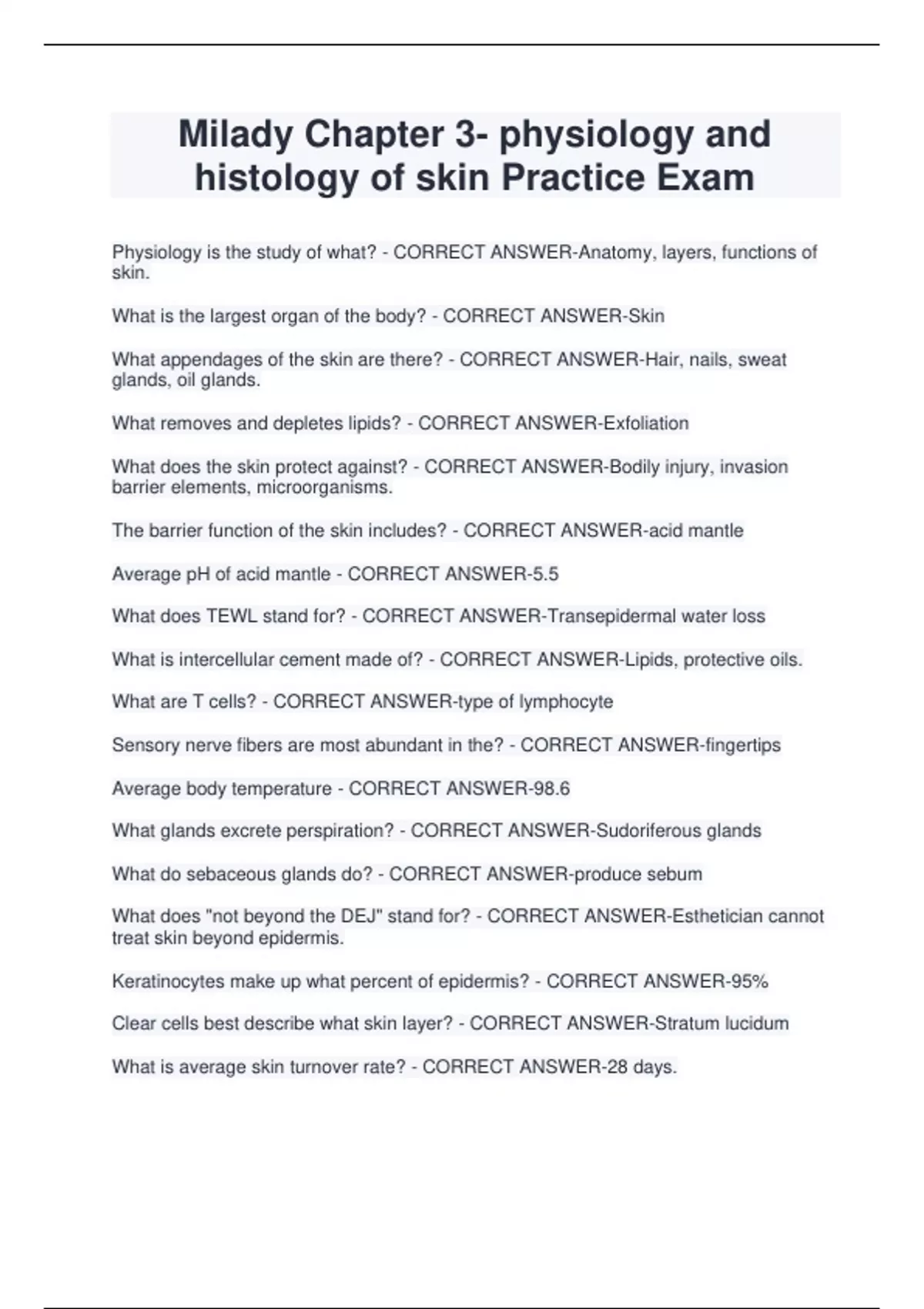 Milady Chapter 3- physiology and histology of skin Practice Exam ...