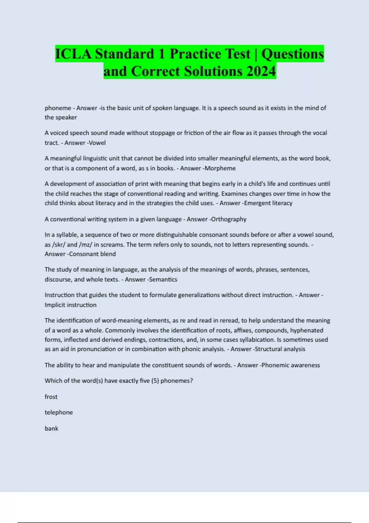 ICLA Standard 1 Practice Test | Questions and Correct Solutions 2024 ...