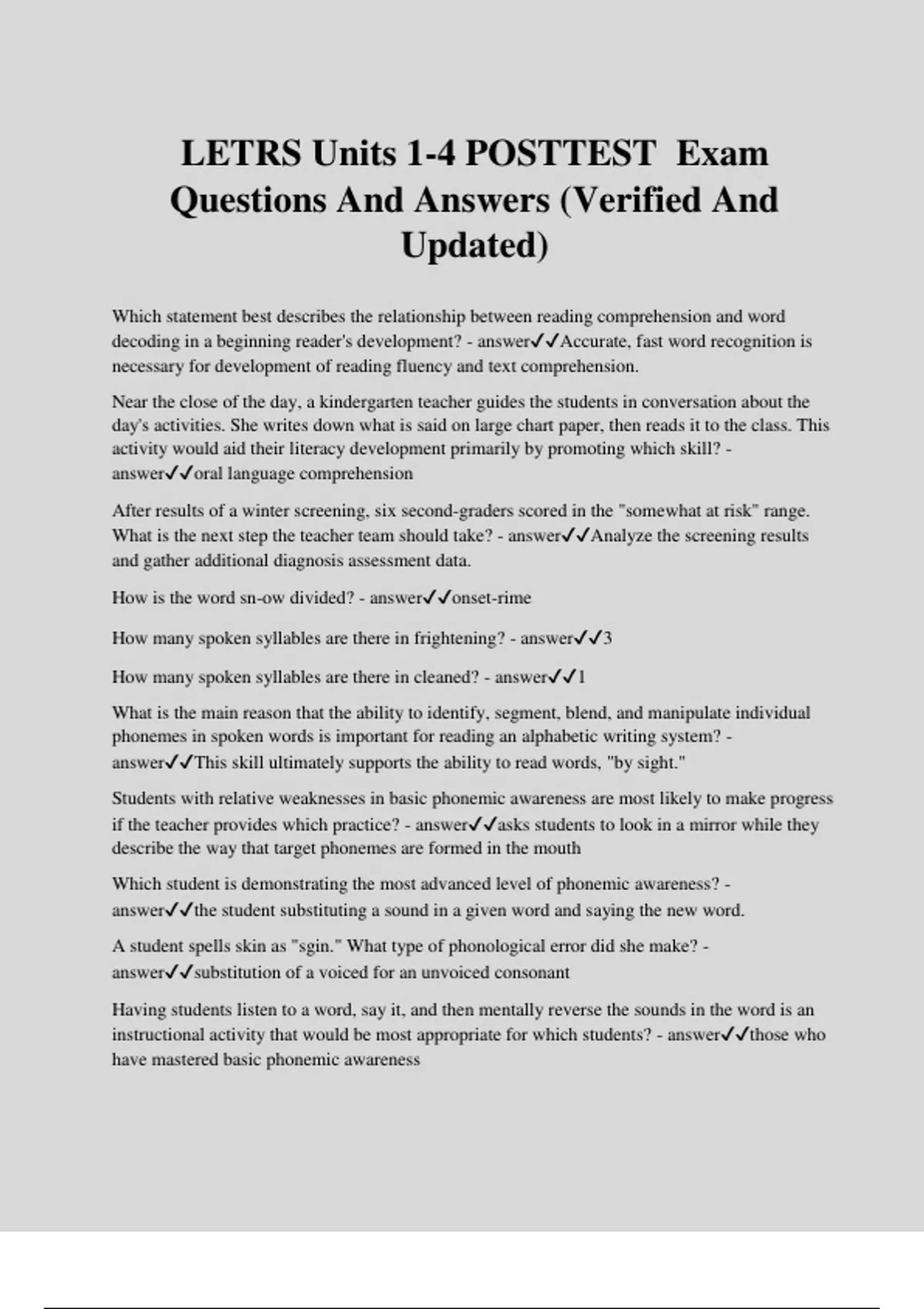 Letrs Units 1 4 Posttest Exam Questions And Answers Verified And Updated Letrs Stuvia Us