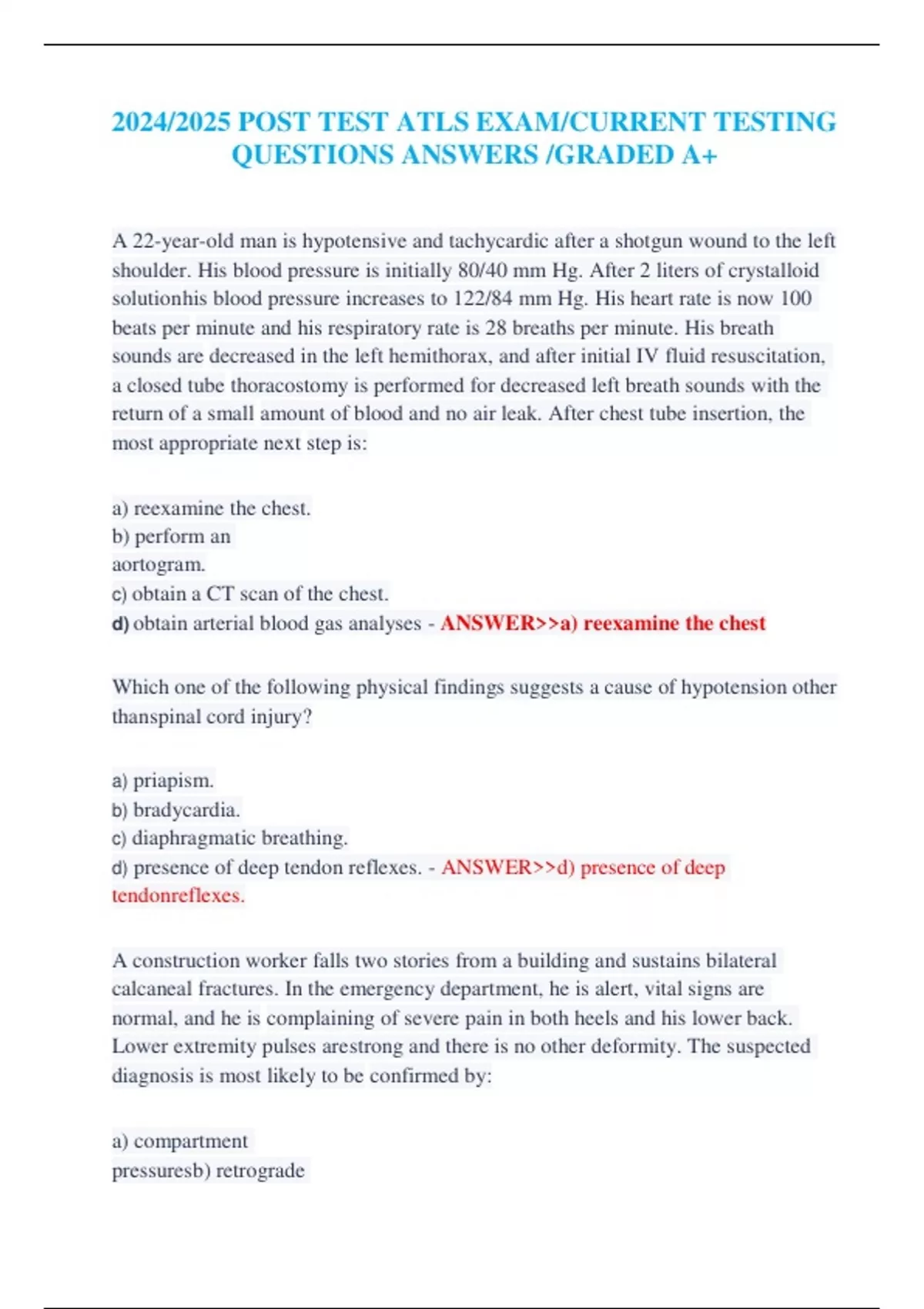 2024/2025 POST TEST ATLS EXAM/CURRENT TESTING QUESTIONS ANSWERS /GRADED ...
