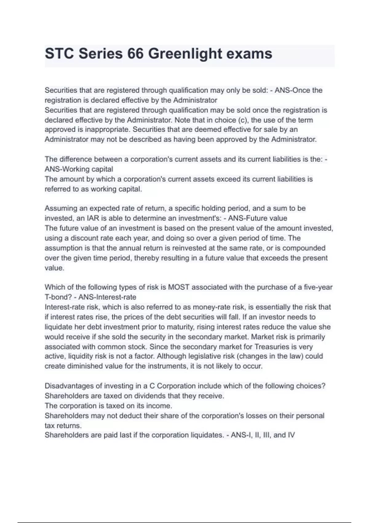 STC Series 66 Greenlight exams with complete solution - STC - Stuvia US