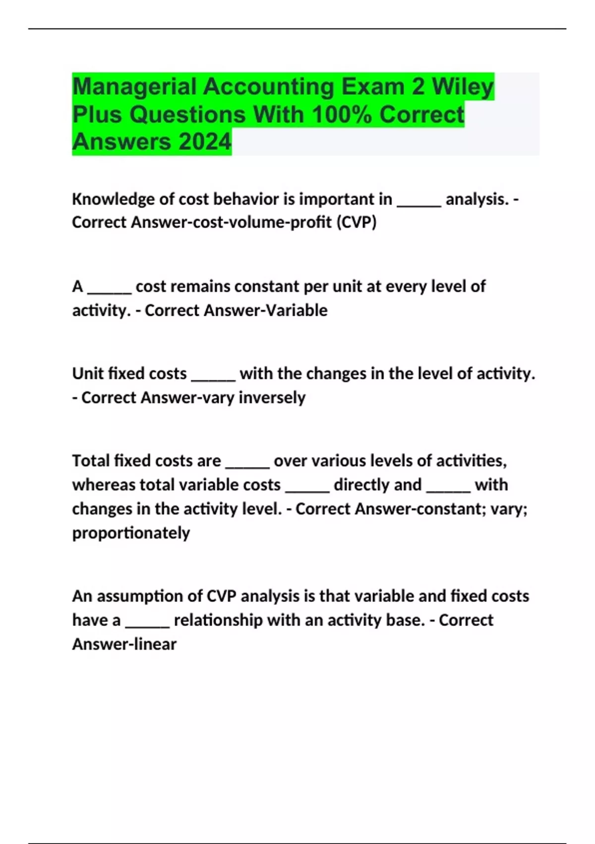 Managerial Accounting Exam 2 Wiley Plus Questions With 100% Correct ...