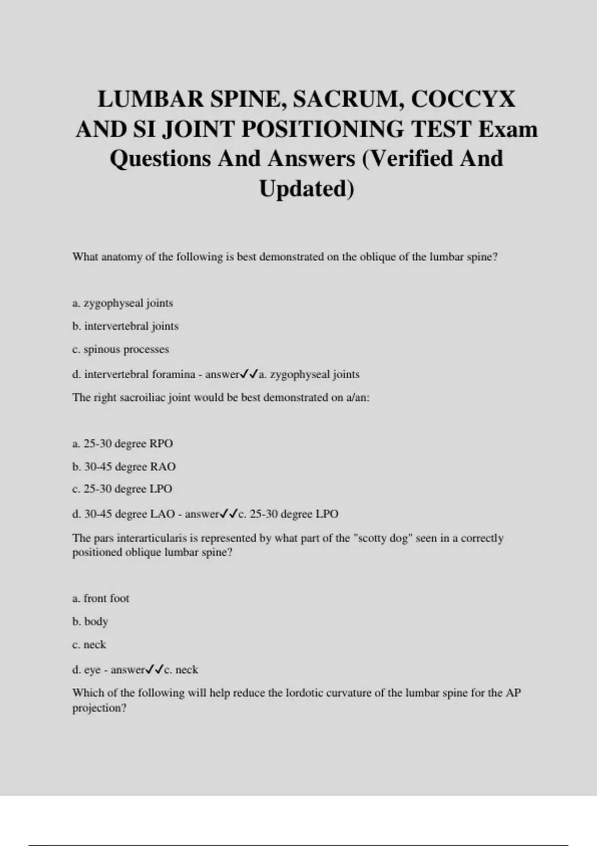 LUMBAR SPINE, SACRUM, COCCYX AND SI JOINT POSITIONING TEST Exam ...