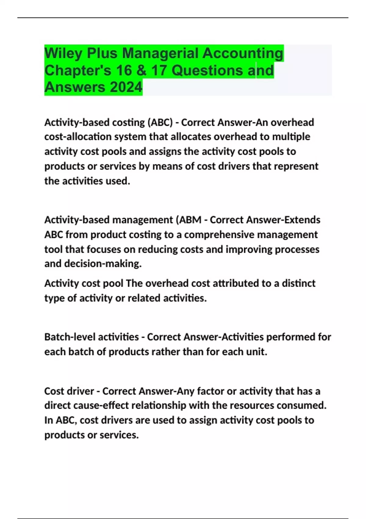 Wiley Plus Managerial Accounting Chapter's 16 & 17 Questions and ...