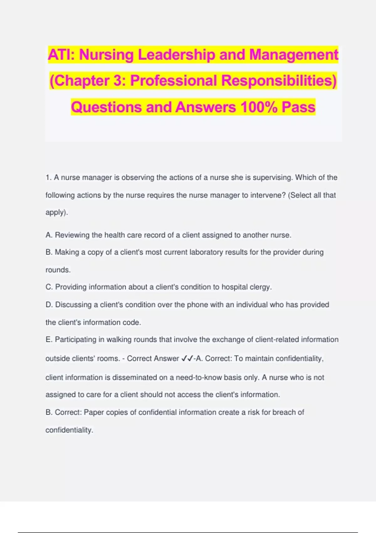 ATI: Nursing Leadership and Management (Chapter 3: Professional Responsibilities) Questions and ...