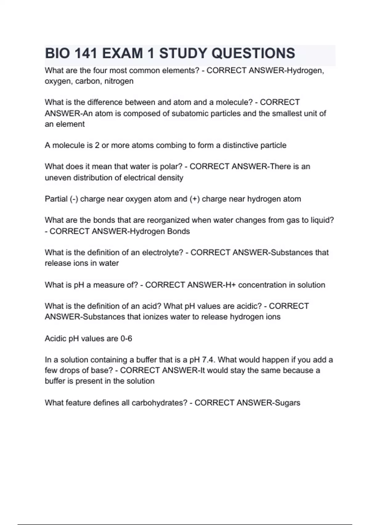 BIO 141 EXAM 1 STUDY QUESTIONS with complete solution - BIO 141 - Stuvia US