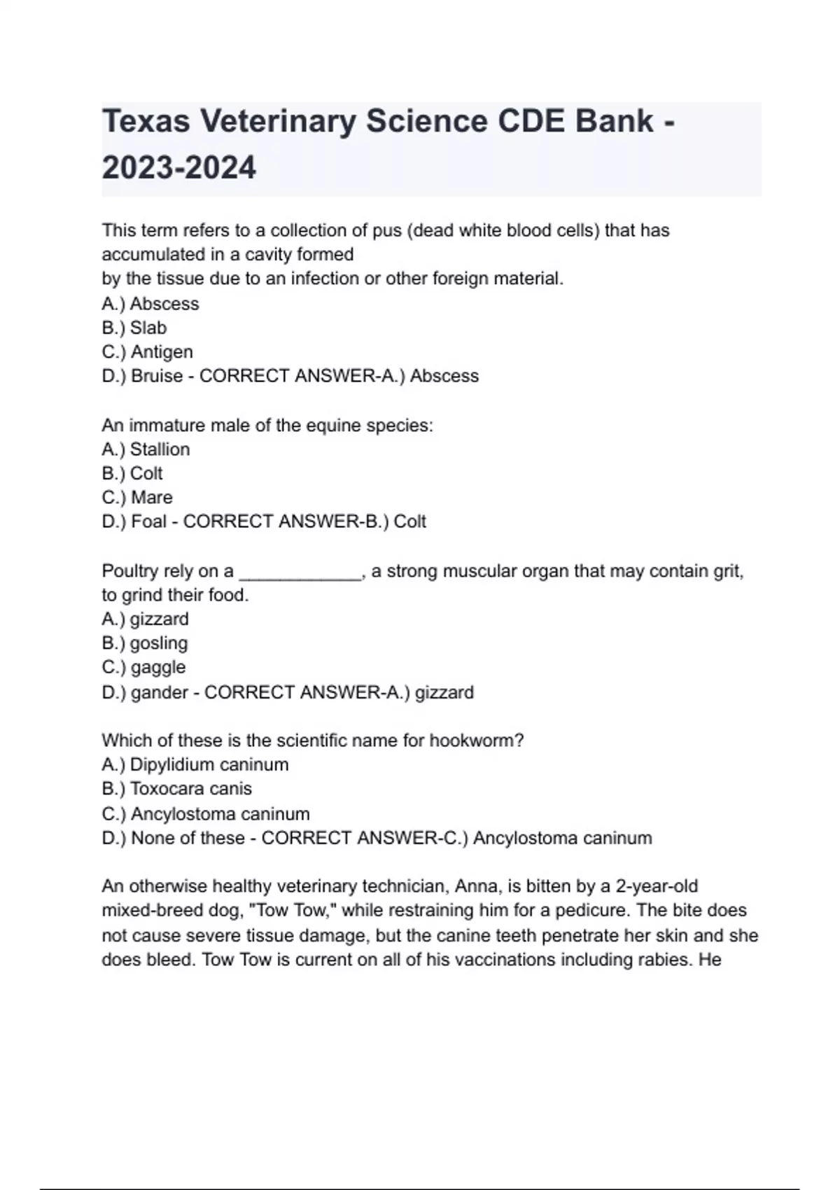 Texas Veterinary Science CDE Bank - with complete solution - BIO 141 ...